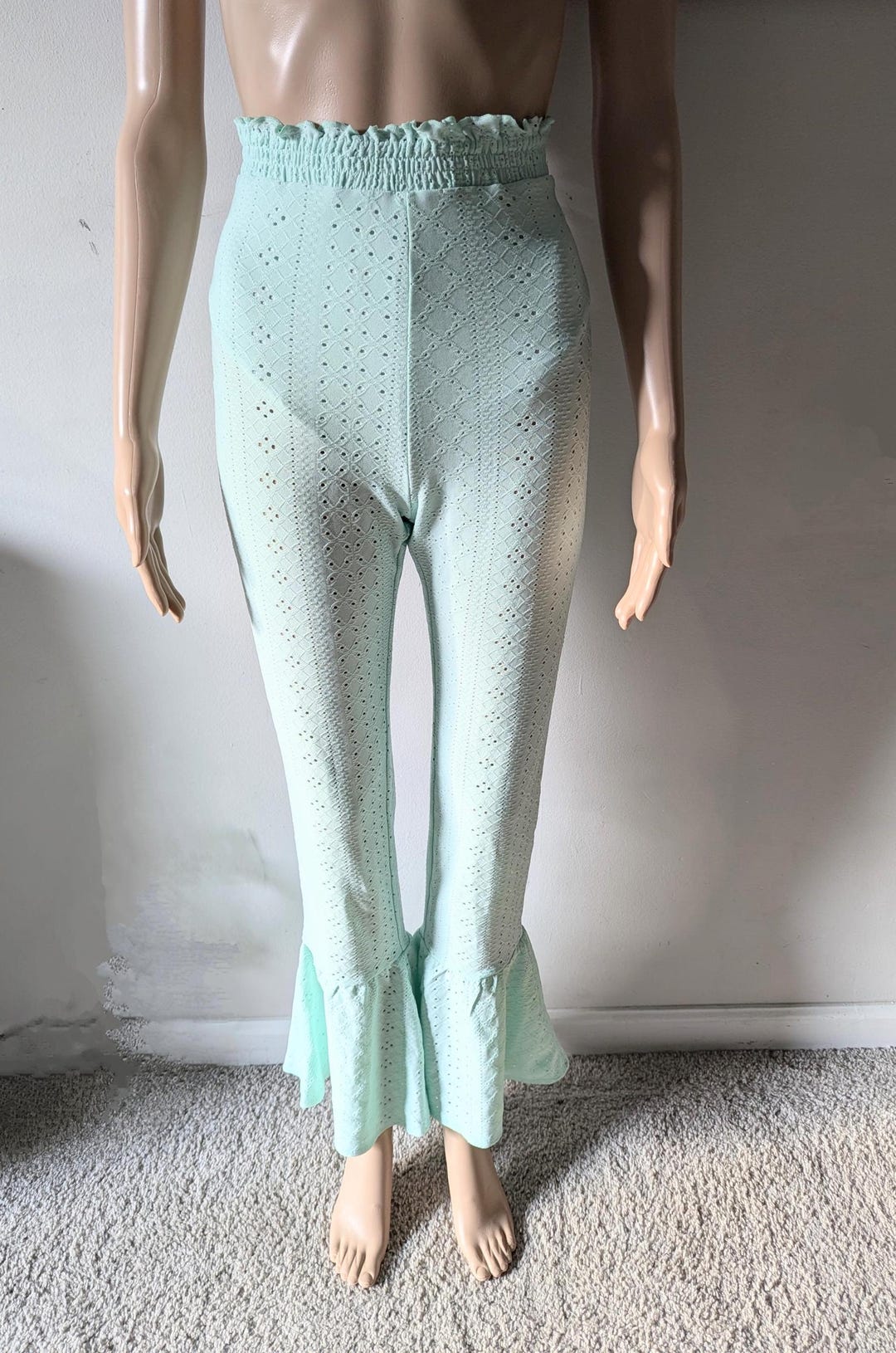 Vintage 00s Mint Green Cut Out Striped Print Embroidered High Elastic ...