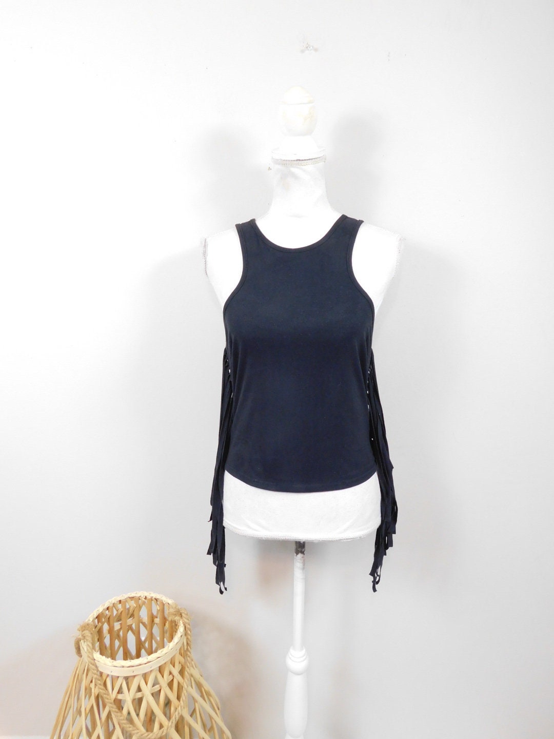 Vintage 00s Black Fringe Side Hem Faux Suede Crewneck Keyhole Open Back ...