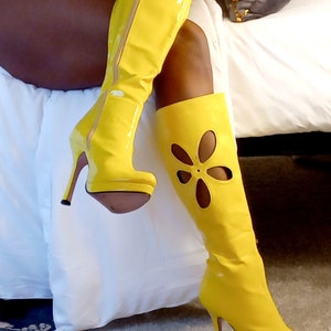 Vintage 90s Yellow Shiny Patent Faux Leather Cut Out Flower Pointy ...