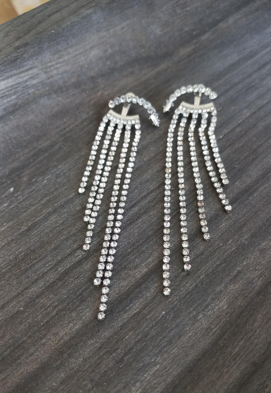 Vintage 00s Diamond Rhinestone Silver Plated Metal Statement Long Drop ...