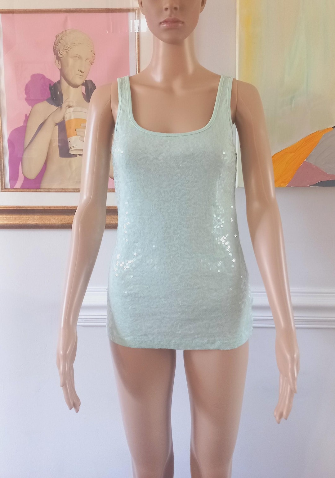 Vintage 00s Mint Green Clear Sequin Front All Over Cotton Blend ...