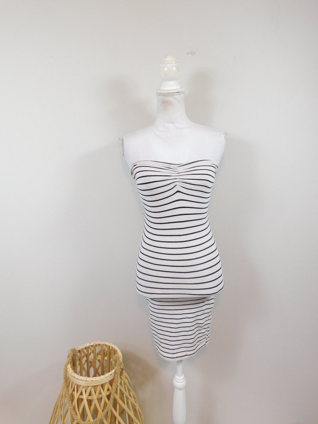 Vintage 00s White Black Horizontal Striped Print Cotton Blend Stretch ...