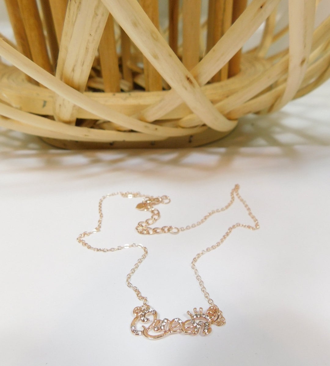 Vintage 00s Gold Metal Queen Word Crown Pendant Charm Diamond Chain ...