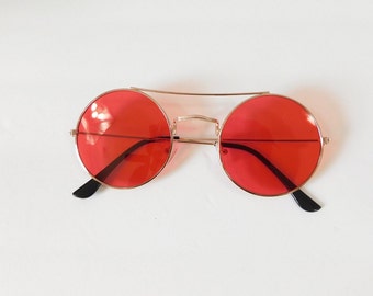 Vintage Red Tinted Gold Big Round Spectacle Sunglasses Frame Fashion ...