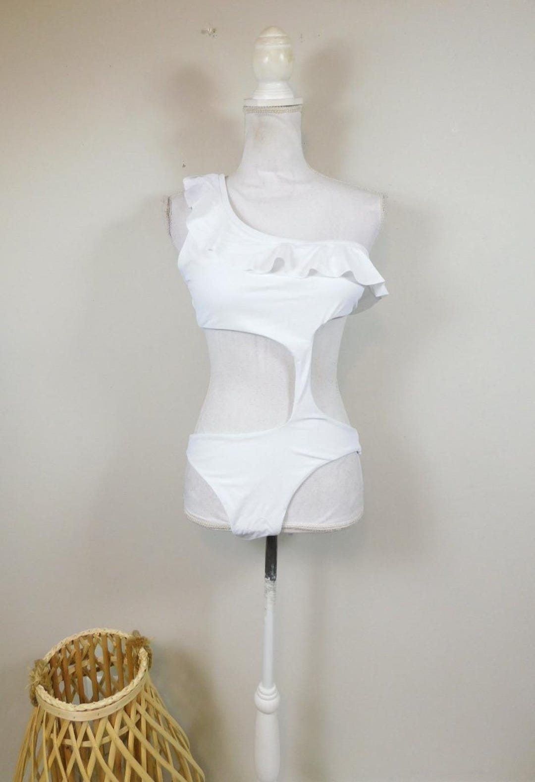 Vintage 00s White Side Cut Out Open Ruffle Trim One Piece Shoulder ...