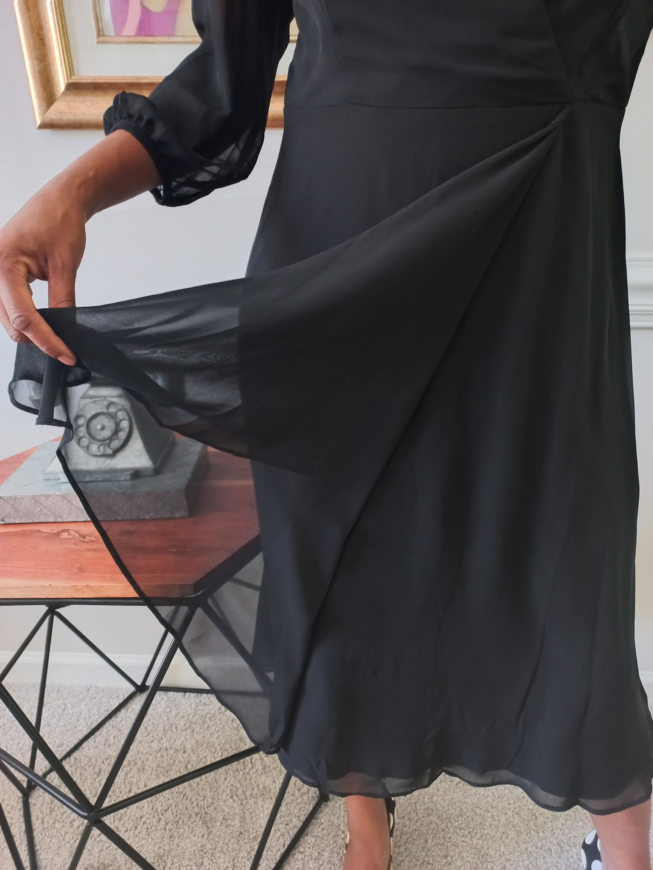 Vintage 80s Cindy Collection U.S.A. Black Chiffon Wrap V Neck Polyester ...