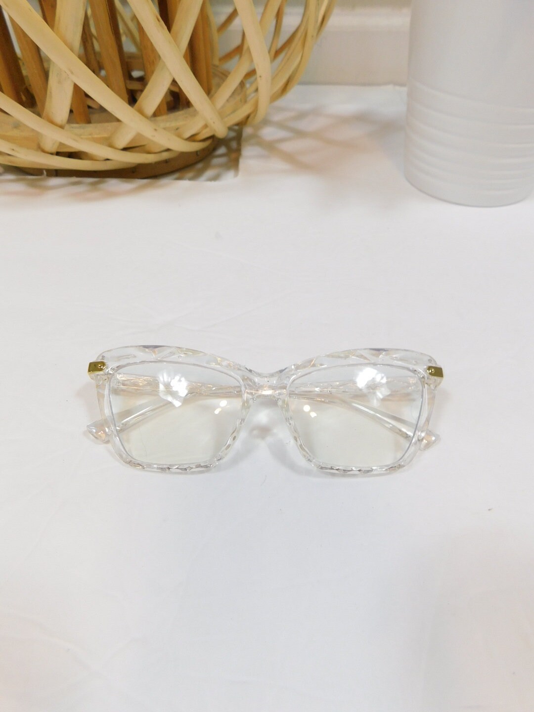 Vintage 00s Clear Square Shape Gold Transparent Plastic Cat Eye Anti ...