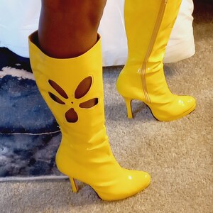 Vintage 90s Yellow Shiny Patent Faux Leather Cut Out Flower Pointy ...