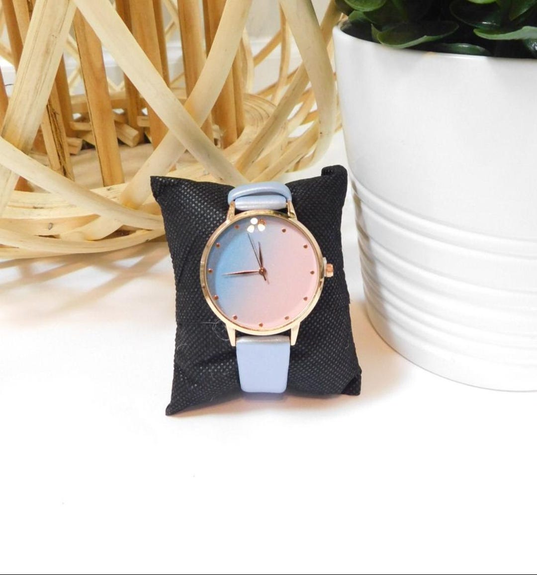 Vintage 00s Quartz Blue Pink Ombre Gradient Rose Gold Faux Leather Dial ...