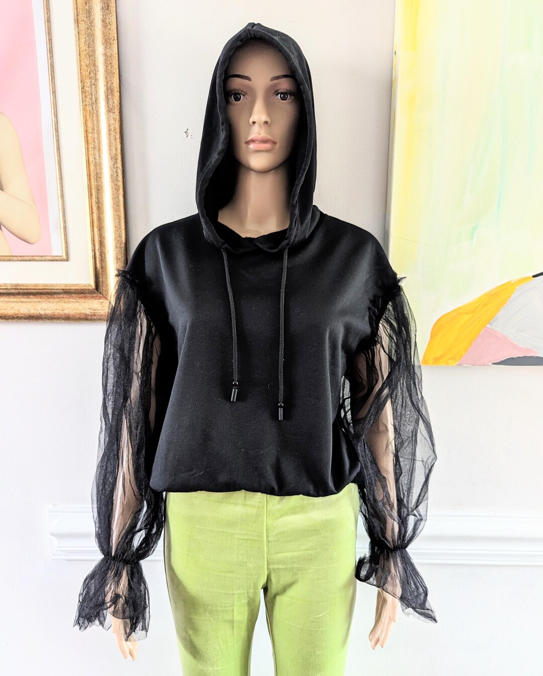 Vintage 00s Black Sheer Sleeve See Through Solid Oversized Polyester ...