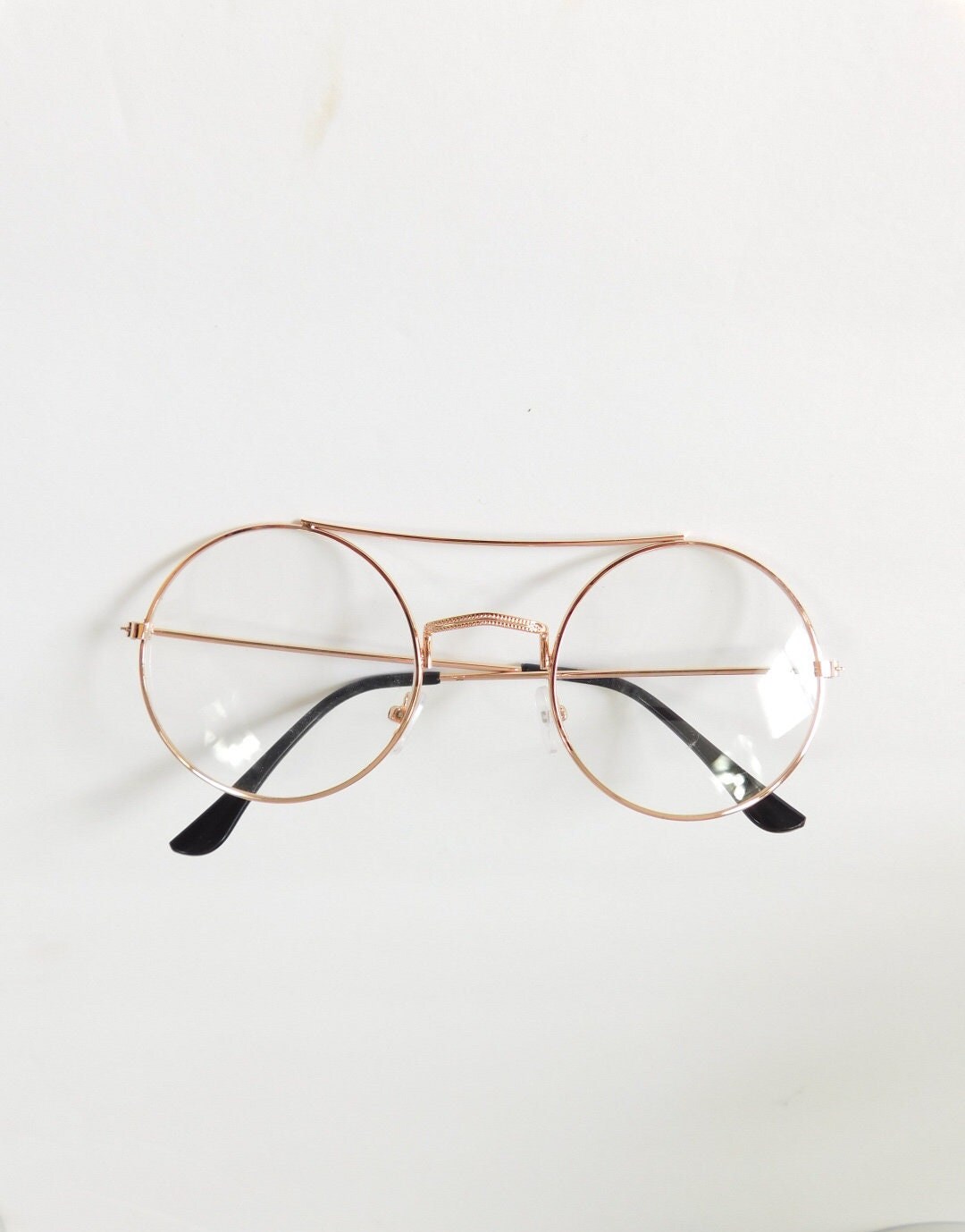 Vintage 00s Clear Gold Round Double Bridge Wire Transparent Metal Frame ...