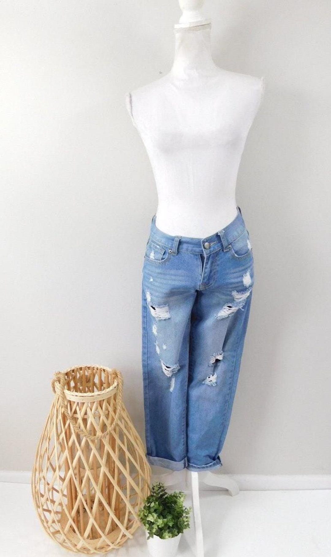 Vintage 00s Light Blue White Wash Ripped Distressed Boyfriend Cotton ...