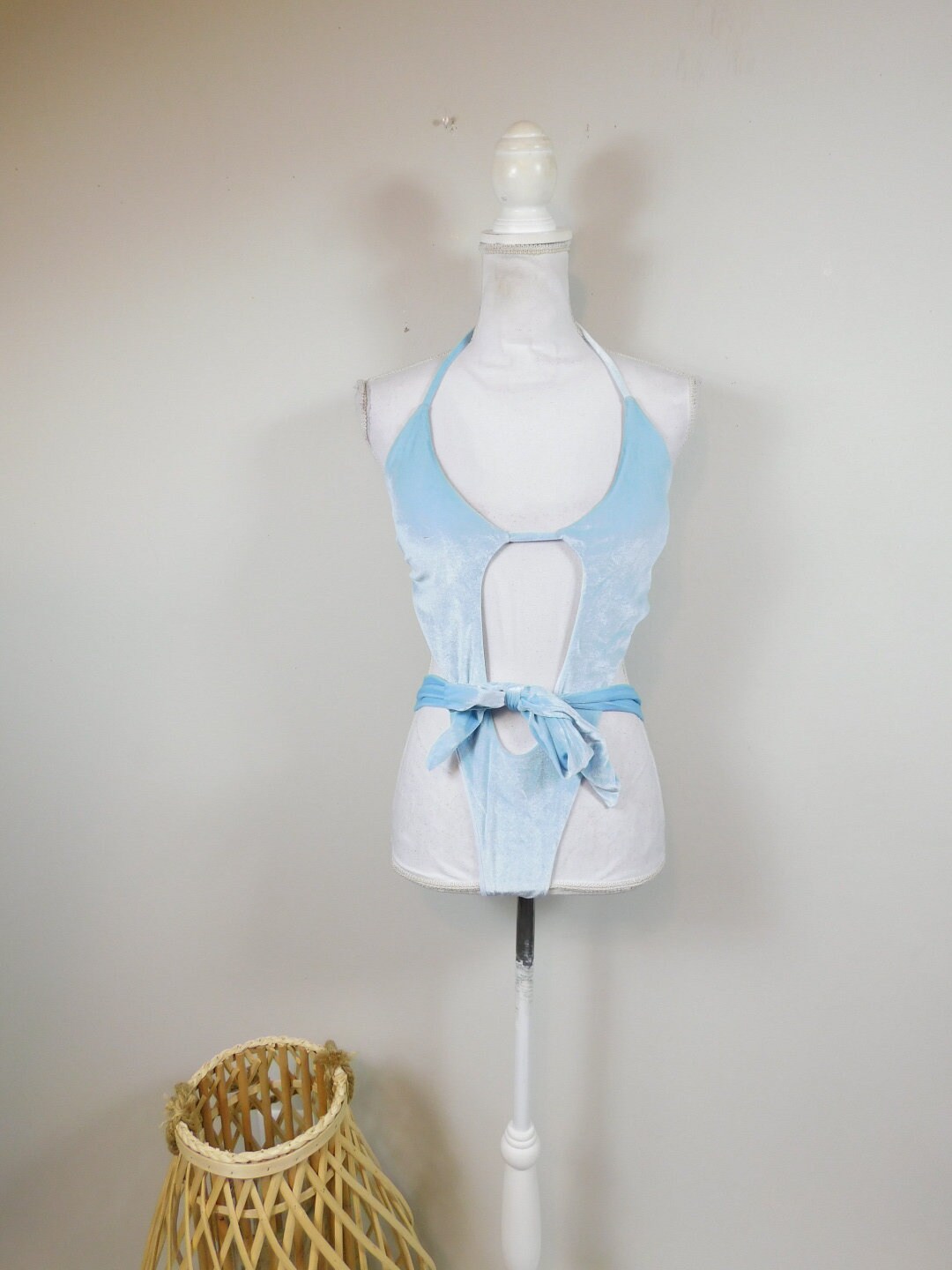 Vintage 00s Light Blue Velvet Cut Out Halter Top Neck Tie Knot One ...