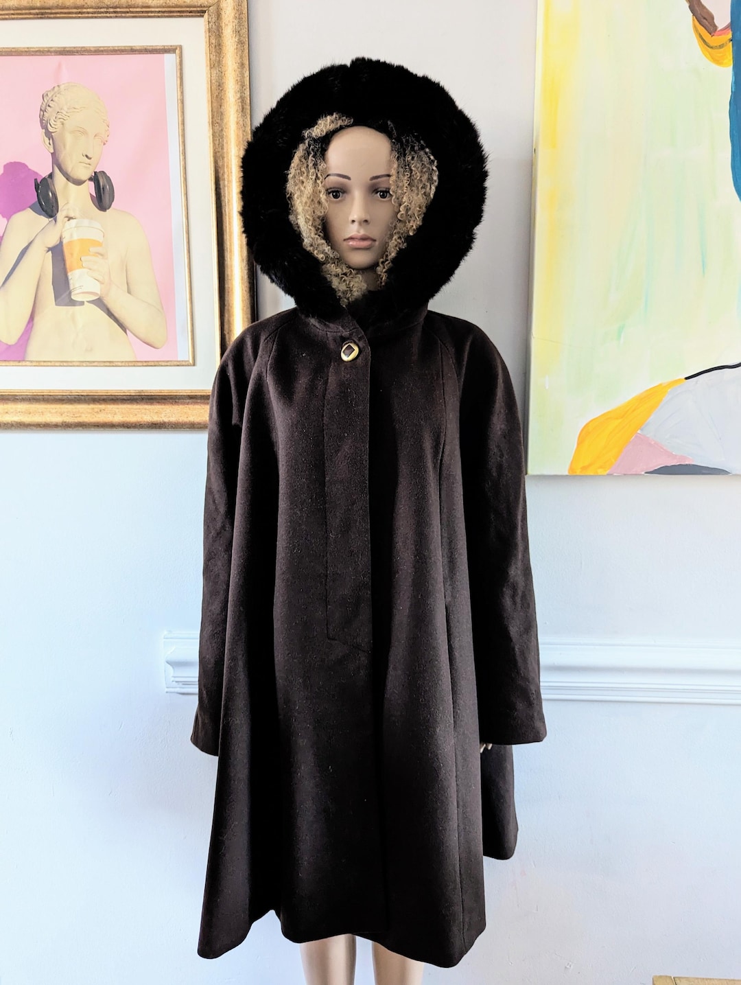 Vintage 80s Charles Klein Dark Brown Gold Button Pure Wool Fur Hooded ...
