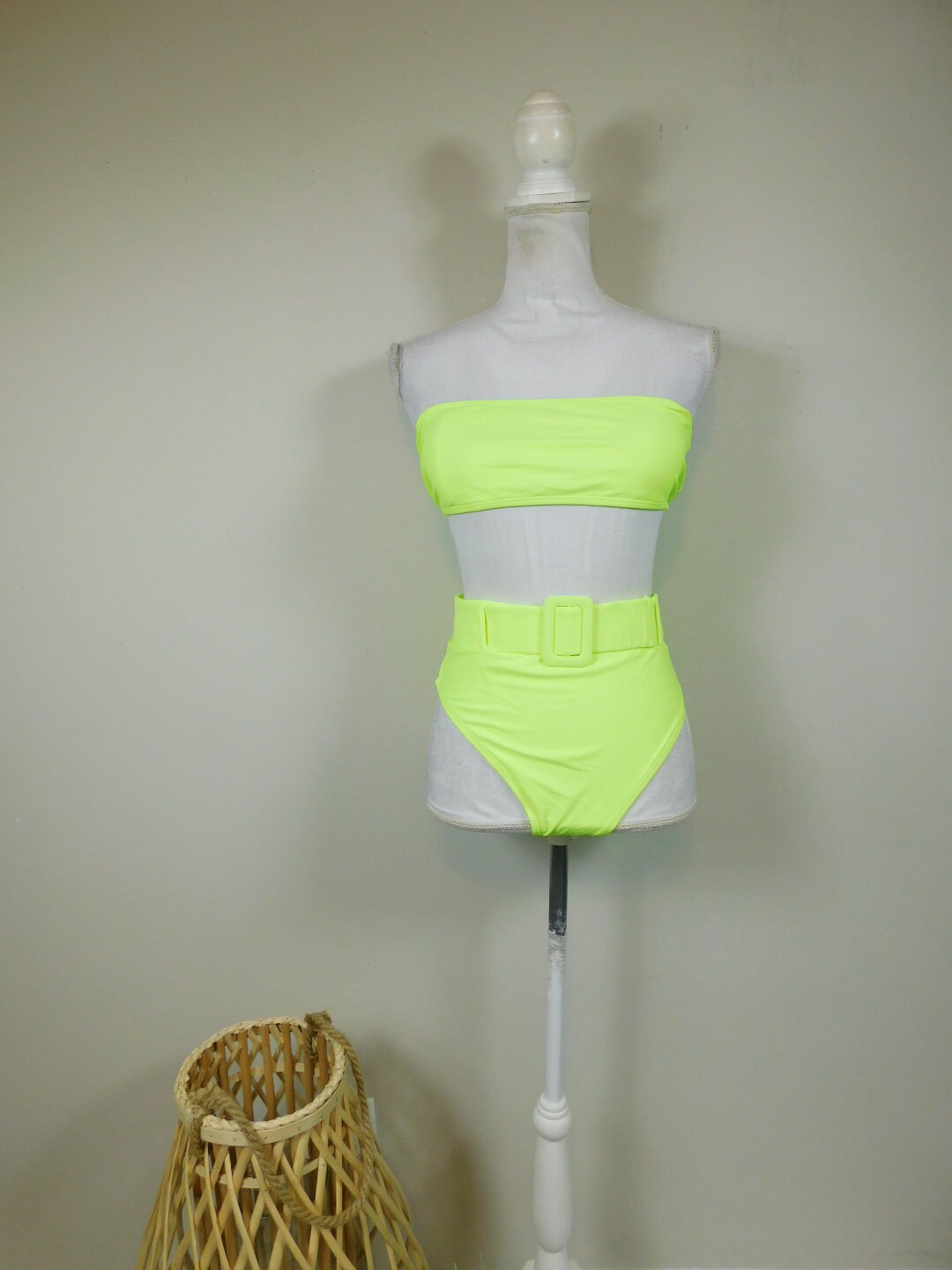 Vintage 00s Neon Green Belted High Waist French Cut 2 Pc Bandeau ...