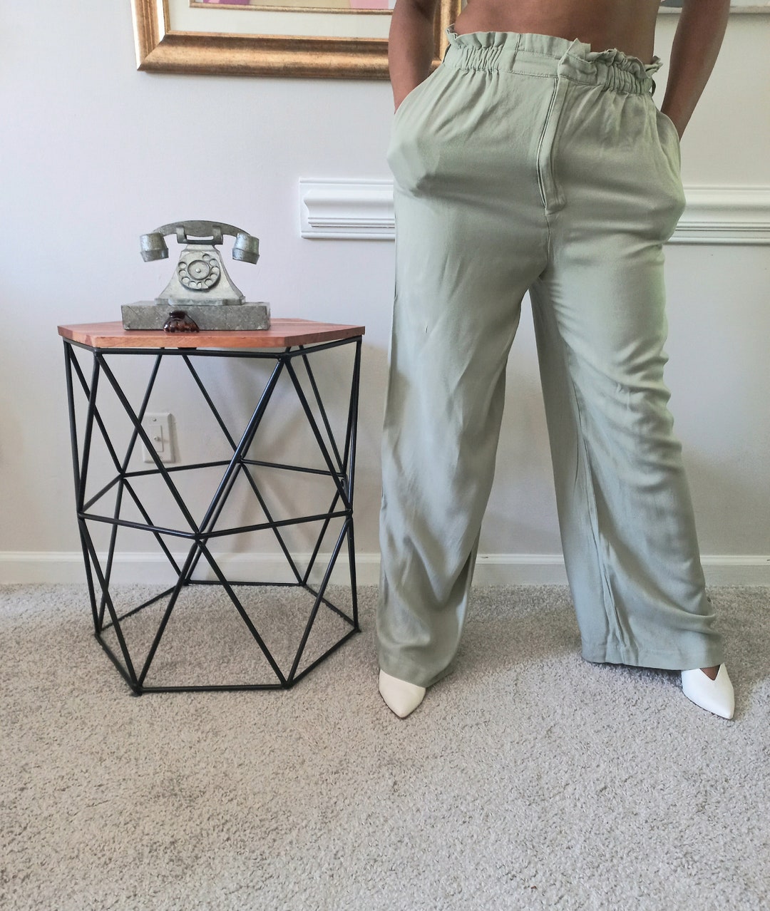 Vintage 00s Sage Green Ruffle Trim High Elastic Waist Rayon Lightweight ...