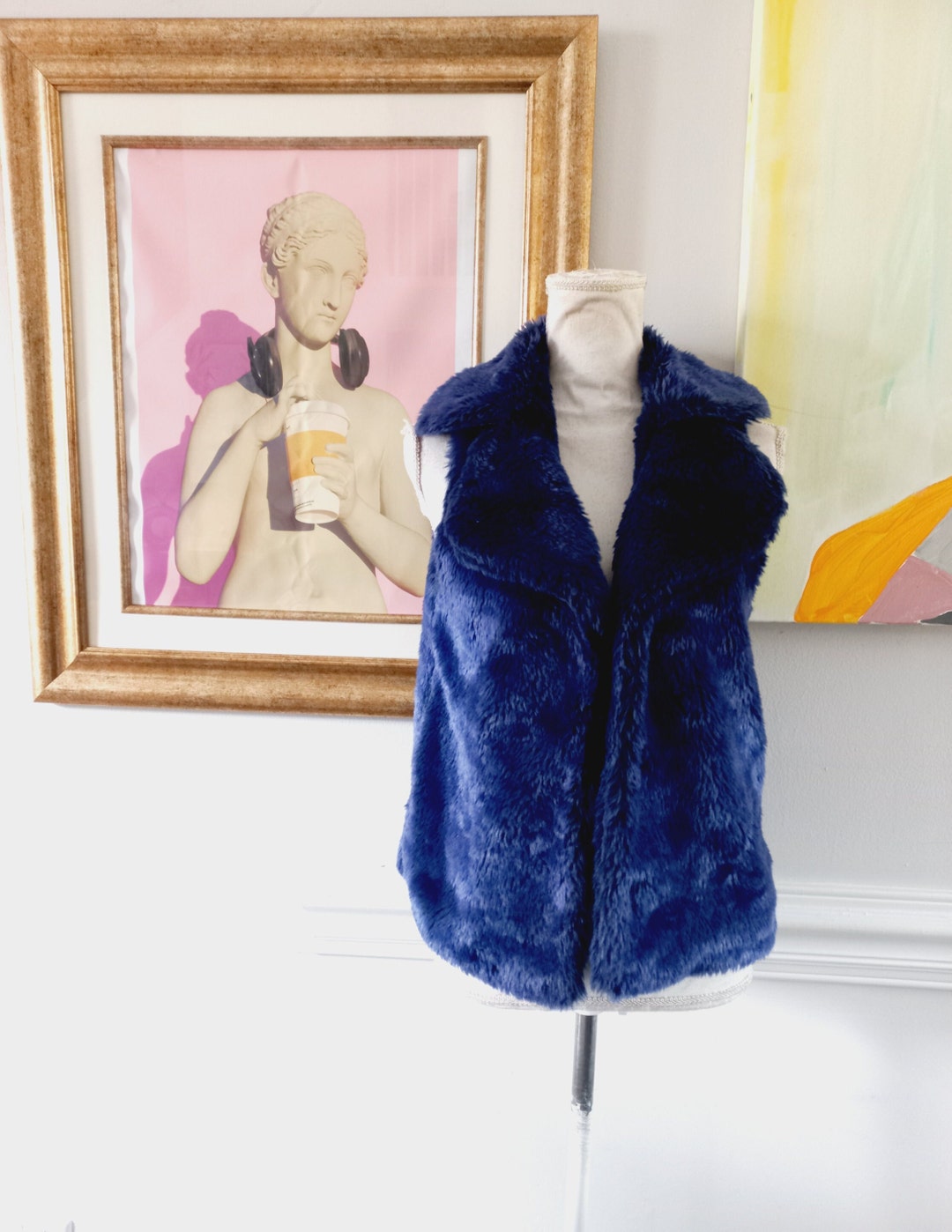 Vintage 00s Dark Blue Faux Fur Short Pile Fuzzy Fluffy Lapel Lined ...
