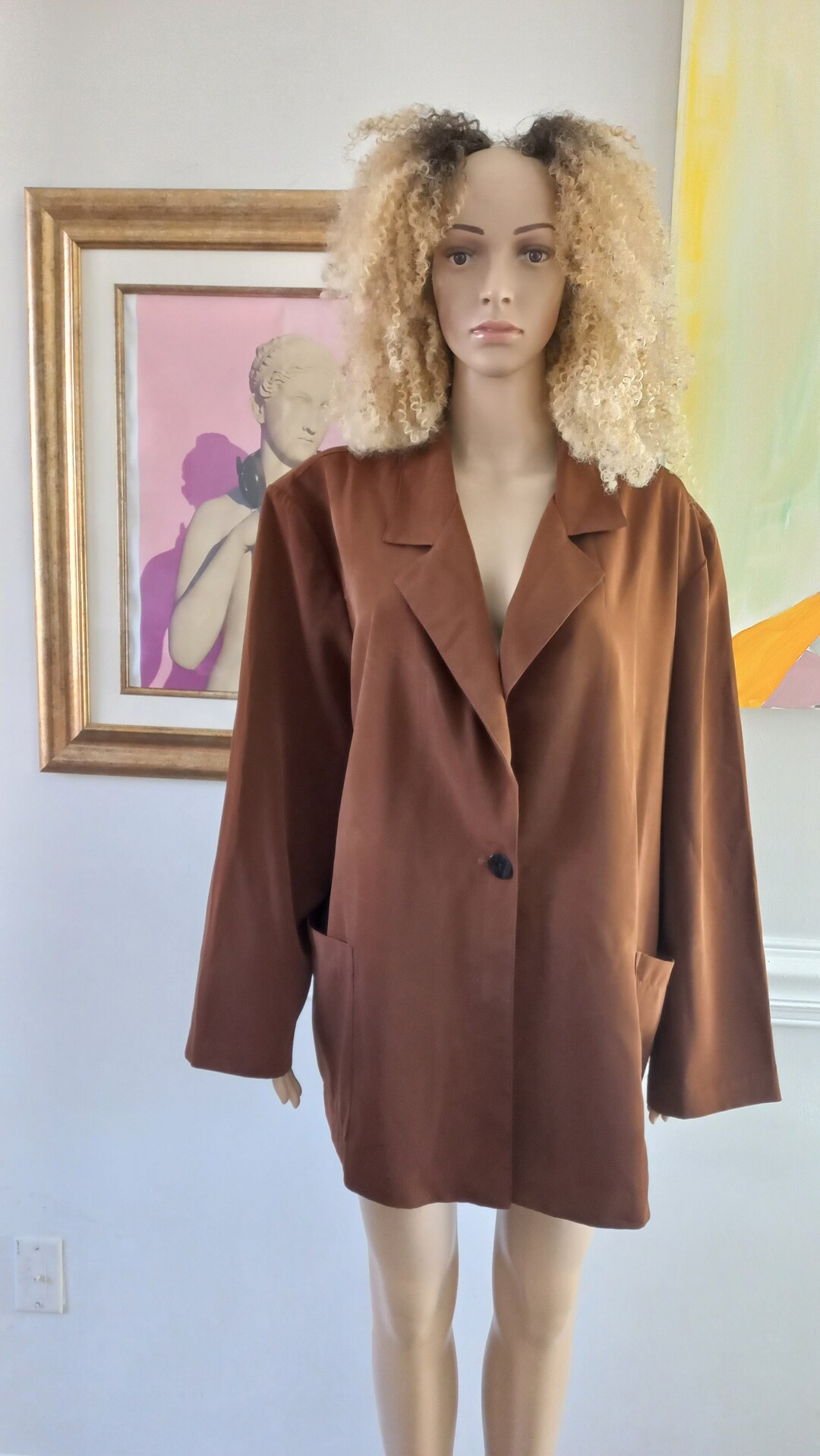 Vintage 80s Lady Lori Dark Brown Polyester One Button Oversized Minimal ...