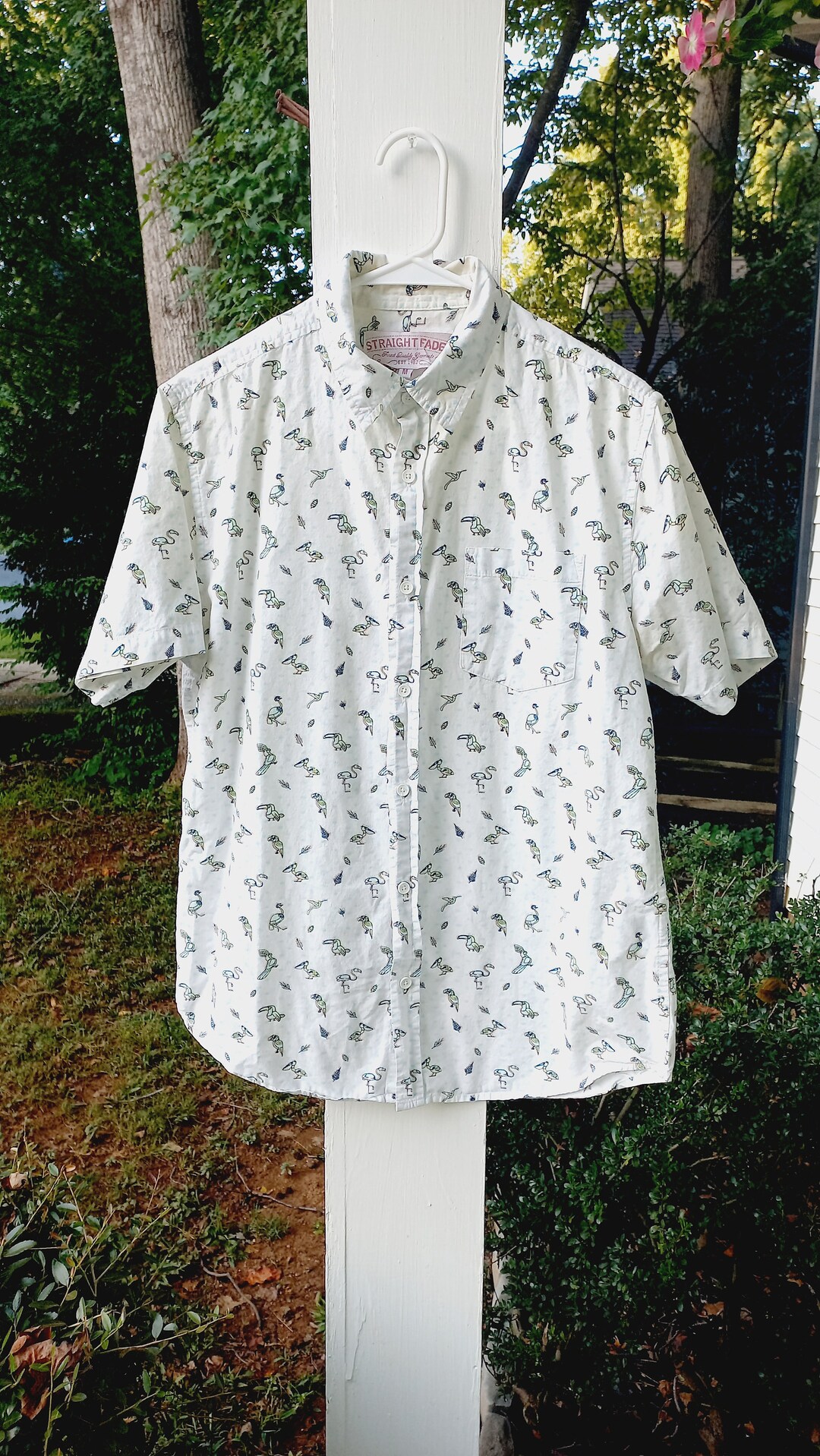Mens Vintage 00s White Pastel Flamingo Pelican Bird Print Cotton Button ...