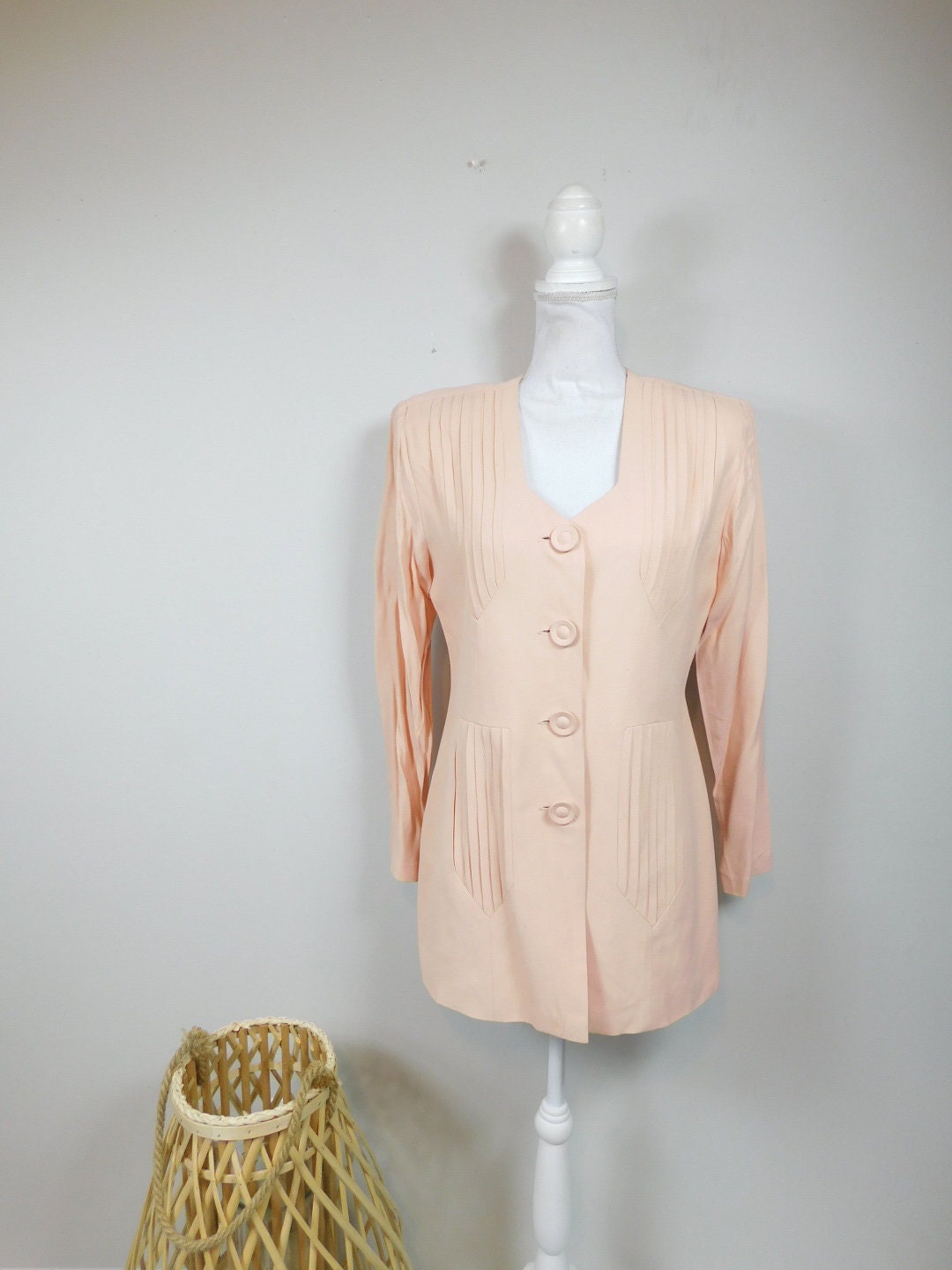 Vintage 80s Lew Magram Light Pink Pleated Front Button up Fitted V Neck ...