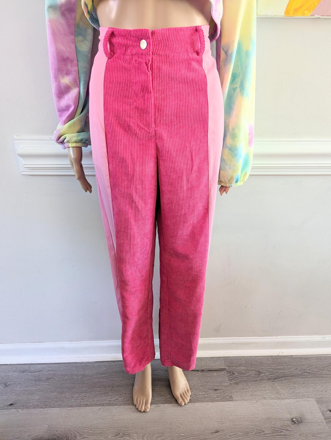 Vintage 00s Half Two Tone Hot Light Pink Polyester High Waist ...