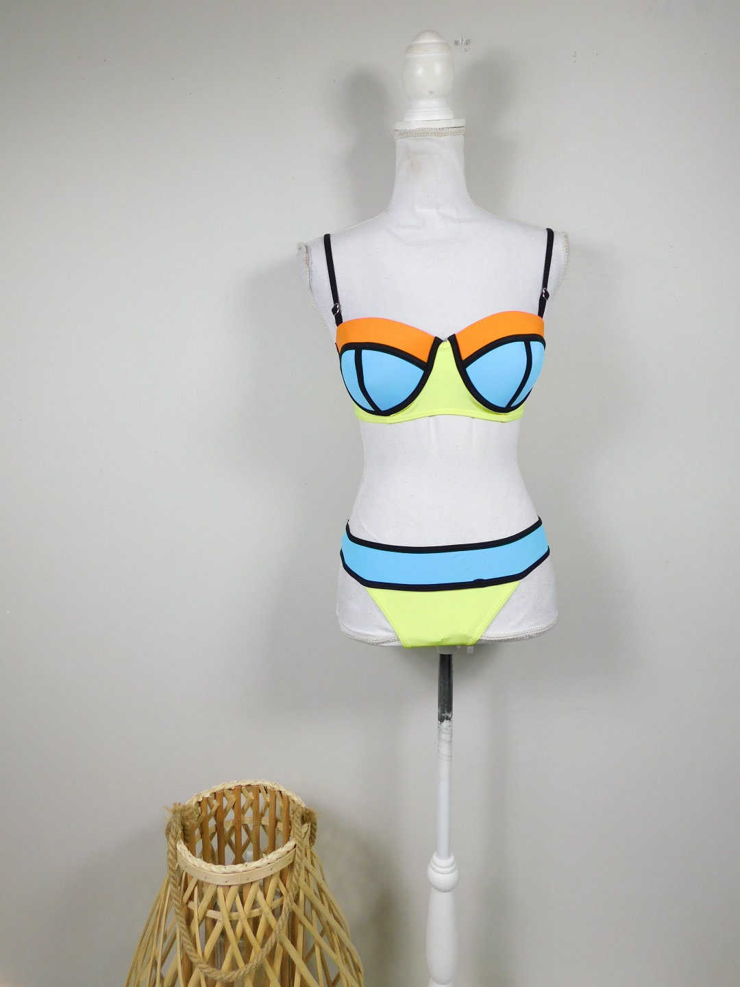Vintage 00s Neon Yellow Black Trim Two Tone Bra Low Waist Bikini Lined ...