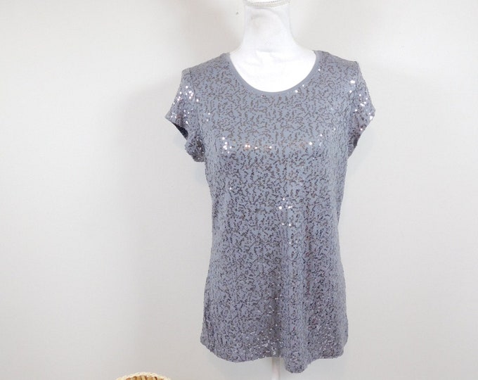 Vintage 00s Dark Gray Silver Sequin Beaded All Over Stretch Crewneck ...