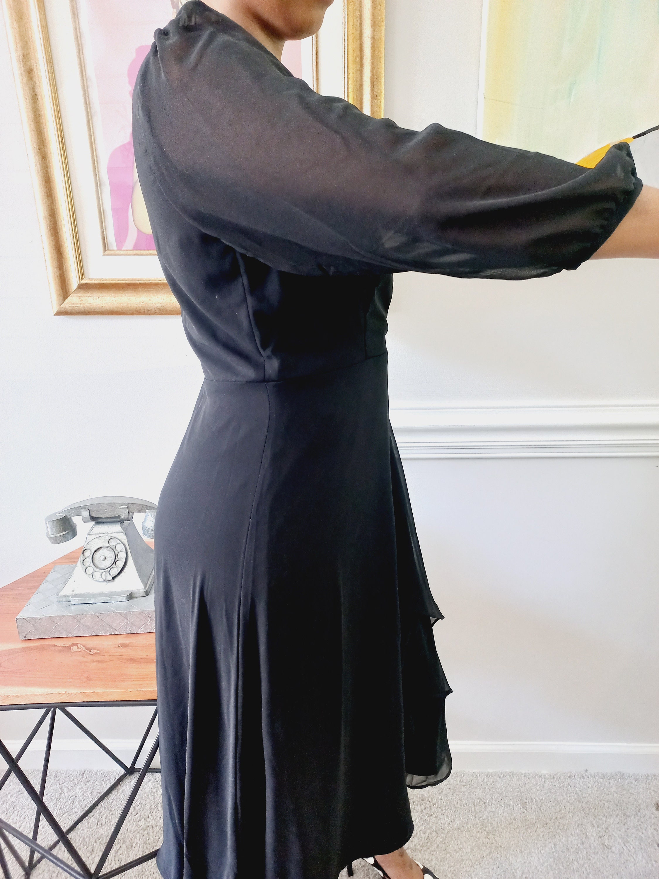Vintage 80s Cindy Collection U.S.A. Black Chiffon Wrap V Neck Polyester ...