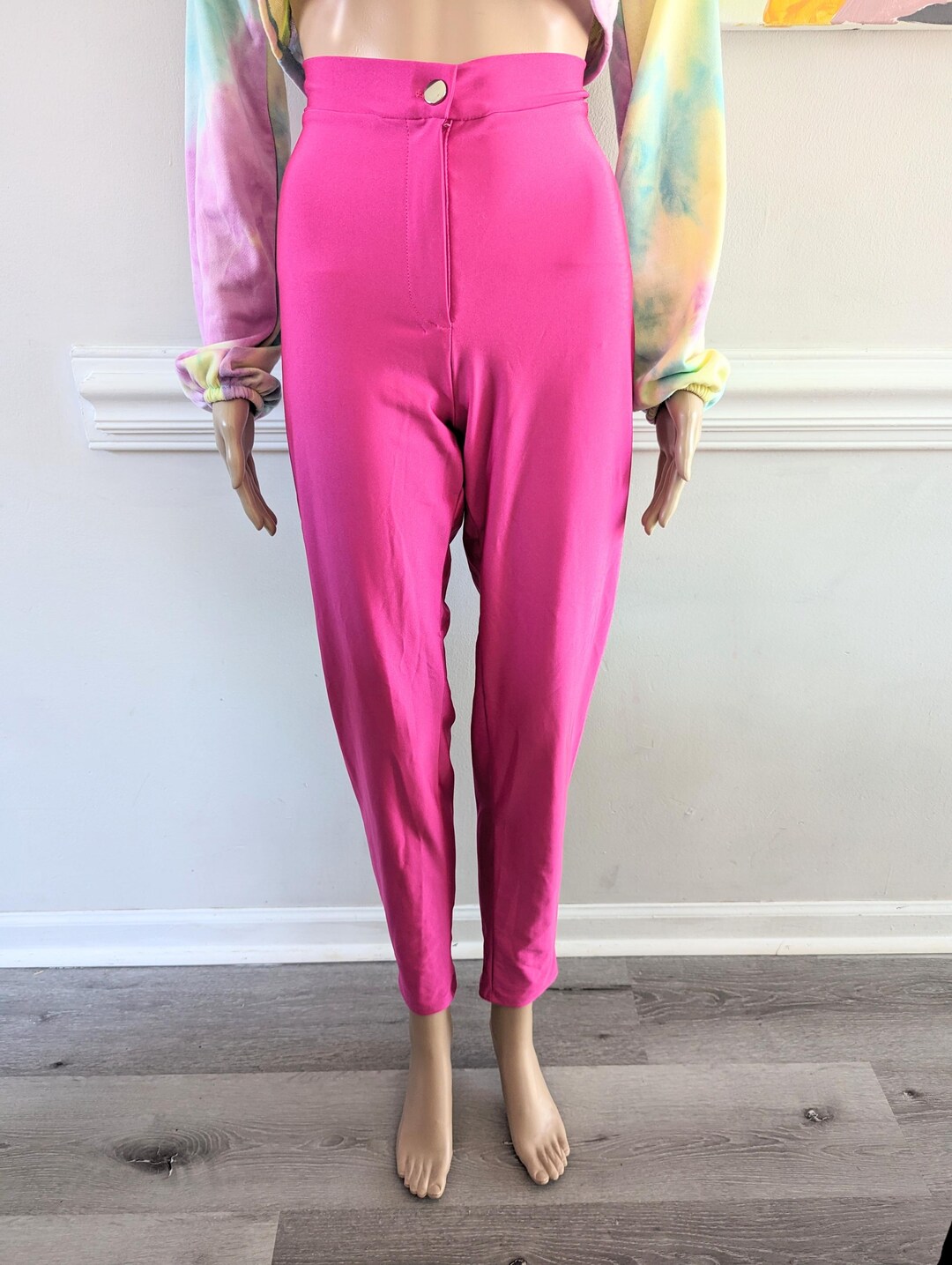 Vintage 00s Fuchsia Hot Pink Shiny High Elastic Waist Stretch Spandex ...