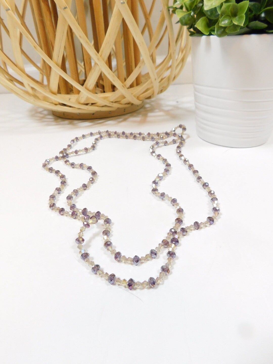 Vintage 00s Diamond Purple Cream Shiny Multifaceted Glass Beaded Strand ...