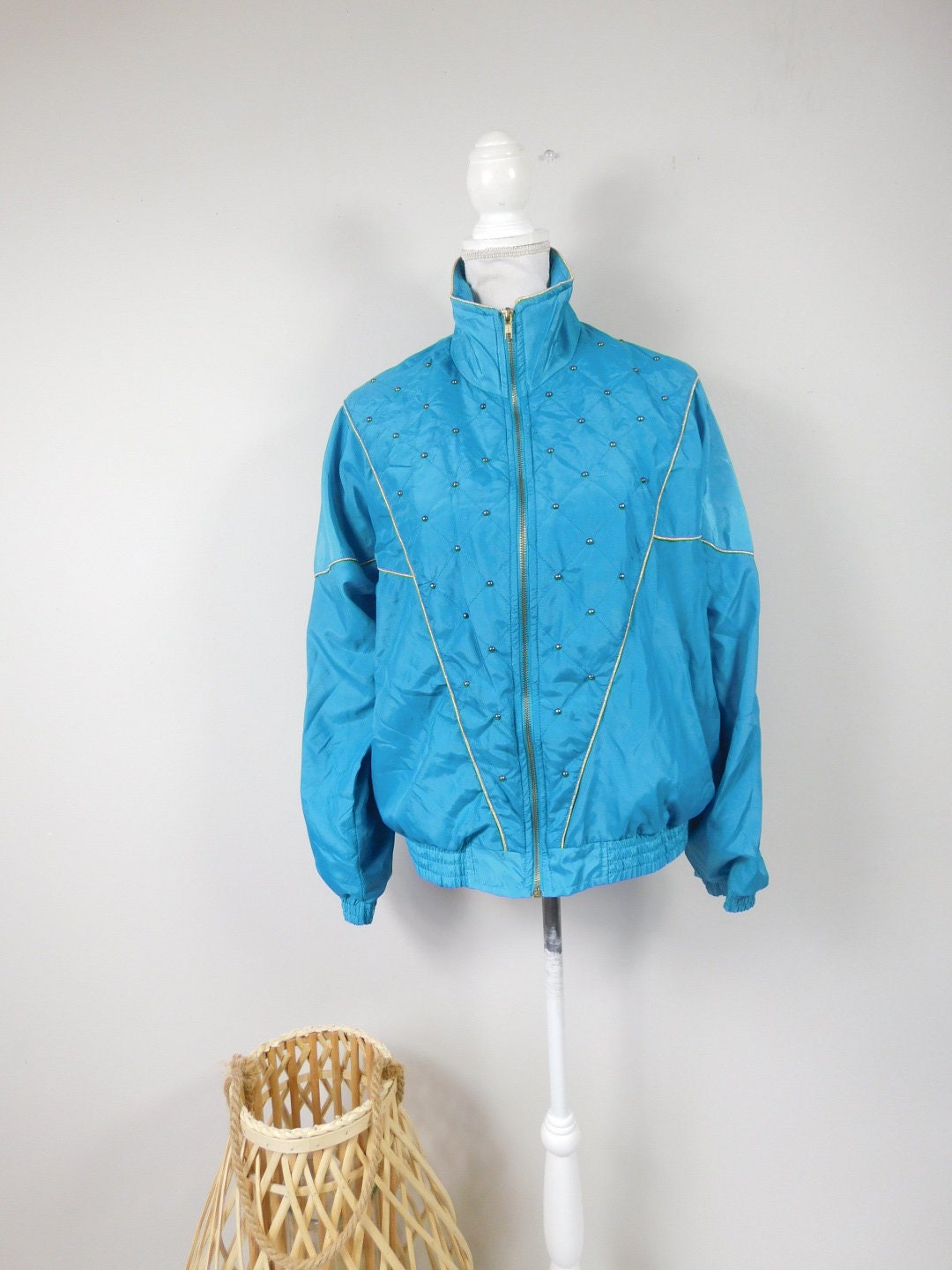 Vintage 90s Turquoise Blue Gold Pearl Beaded Diamond Print Polyester ...