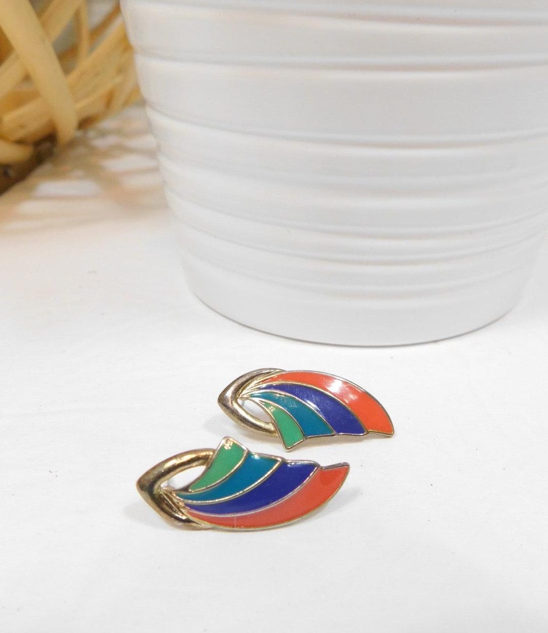 Vintage 00s Colorful Geometric Print Gold Tone Small Metal Stud Screw ...