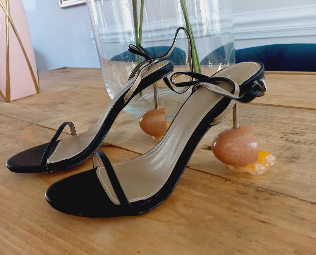 Vintage 00s Unique Cracked Egg Black Faux Leather Ankle Strap Open Toe ...