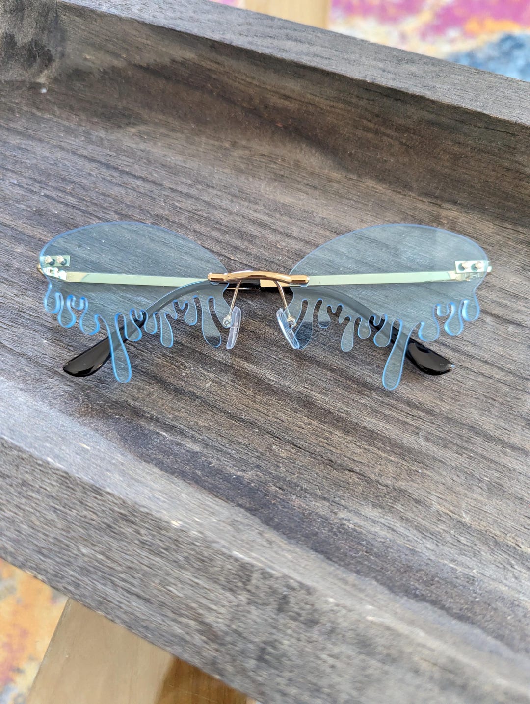 Vintage 00s Light Blue Teardrop Tinted Gold Rhinestone Clear Rimless ...