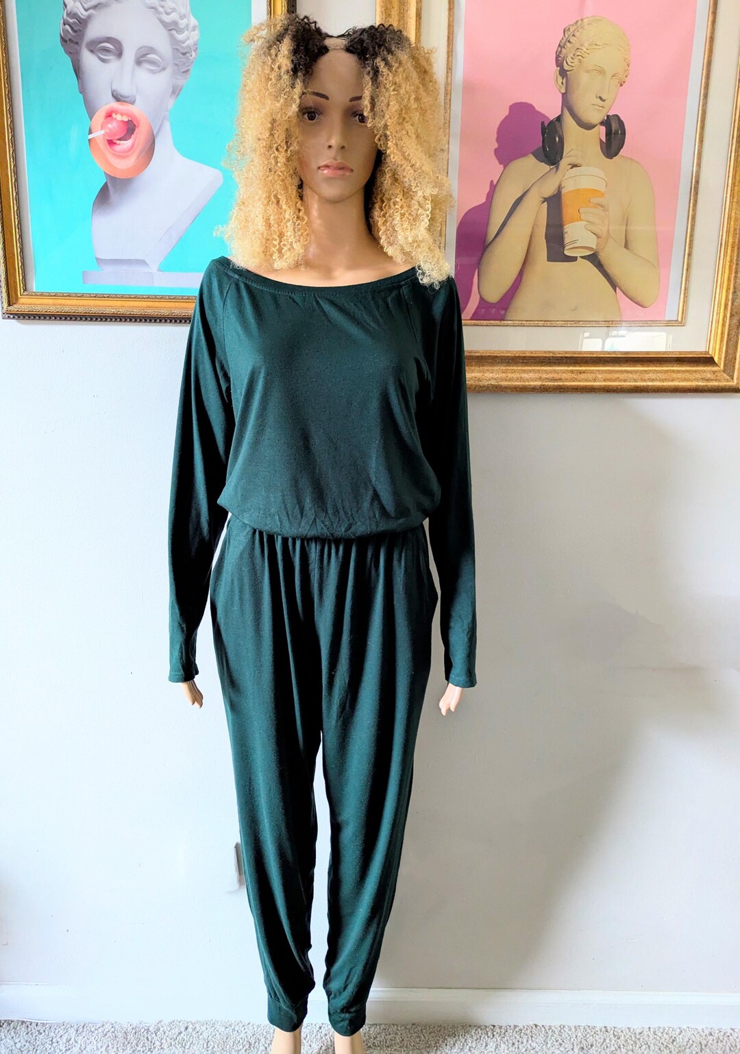 Vintage 00s Dark Green Stretch Boat Neck Keyhole Back Minimal Long ...