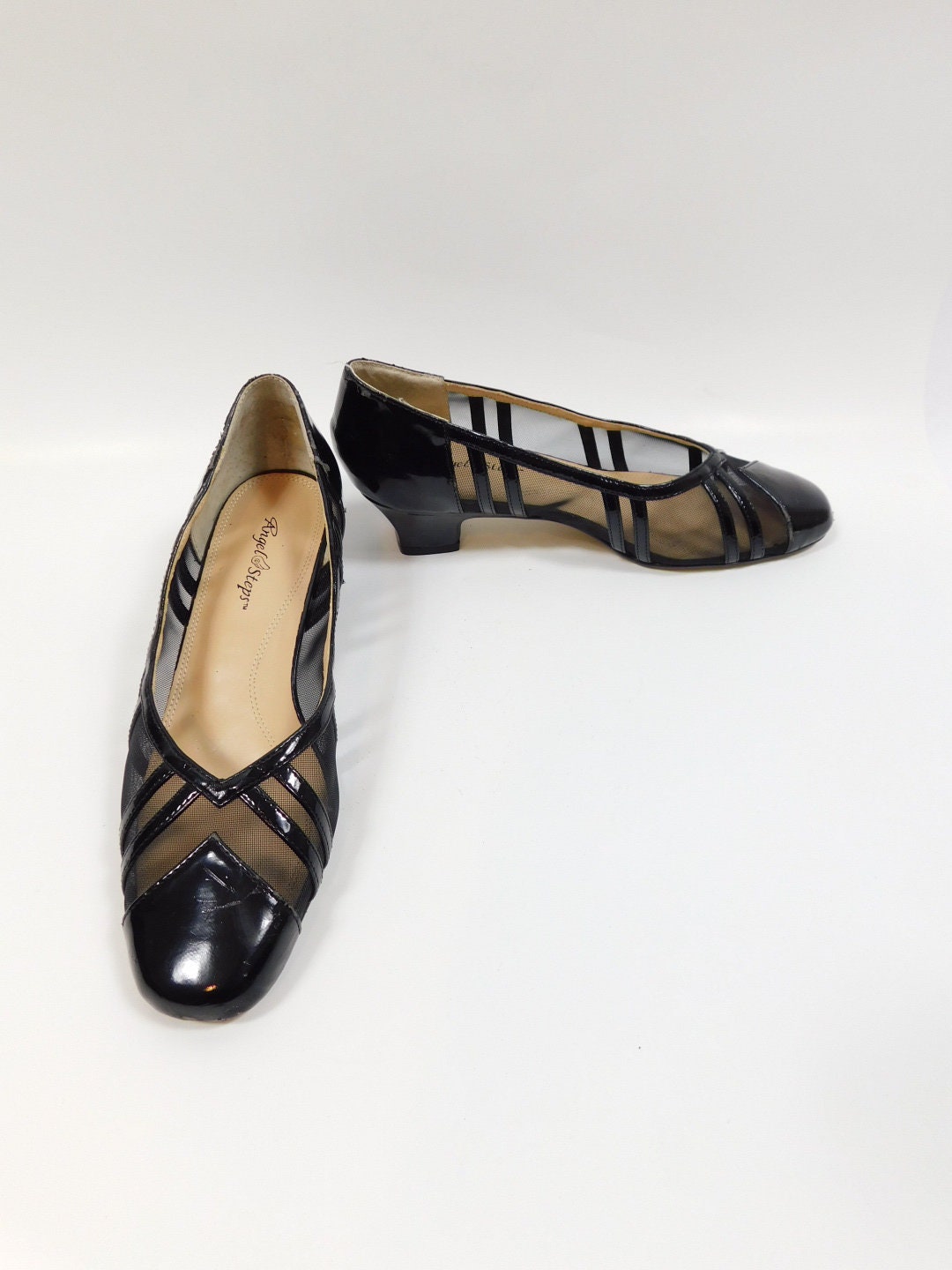 Vintage 80s Angel Steps Black Mesh Patent Shiny Leather Striped Square ...