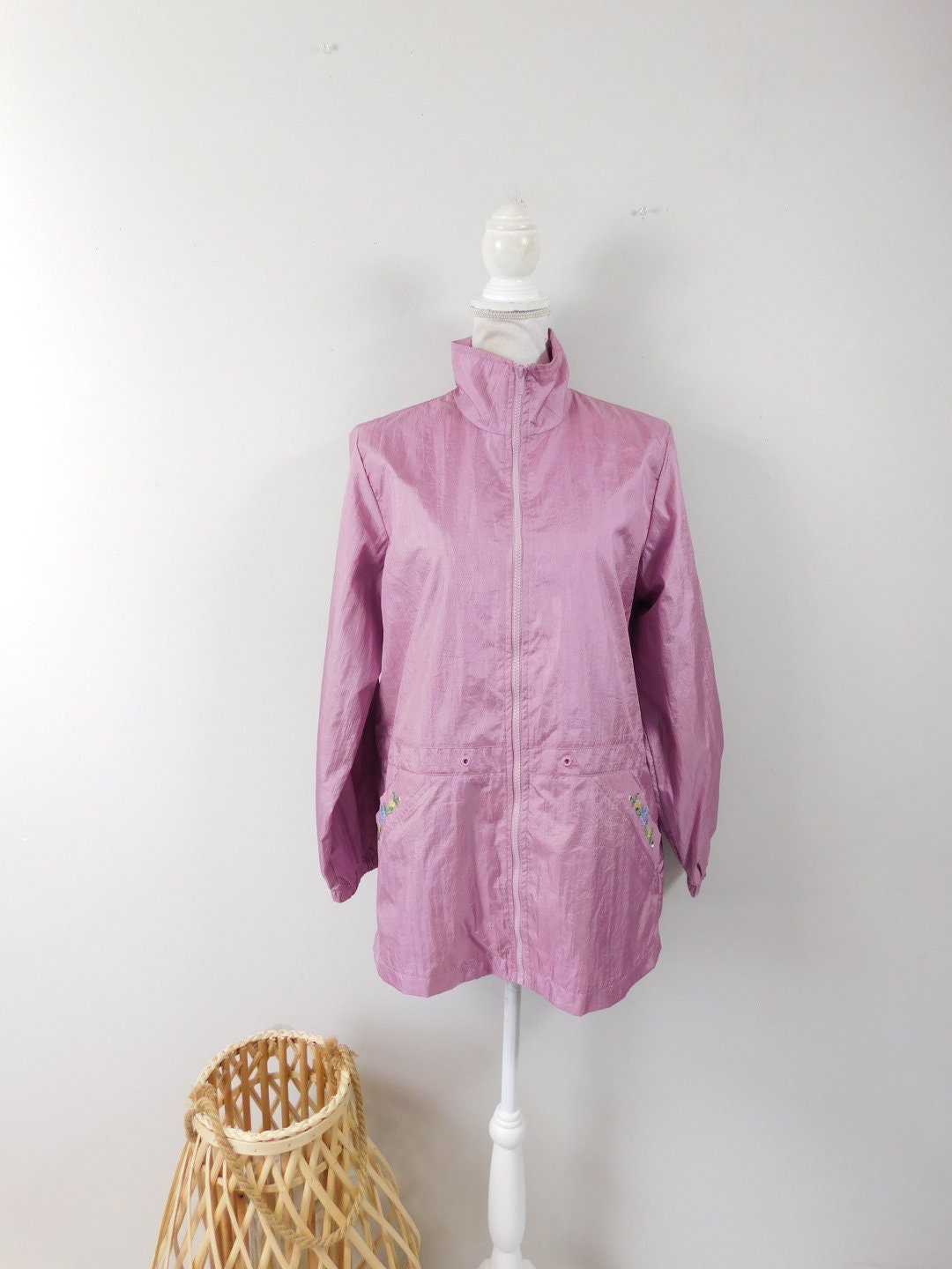 Vintage 90er Jahre Mauve Pink Floral Gestickte Polyester Oversize Hohe ...