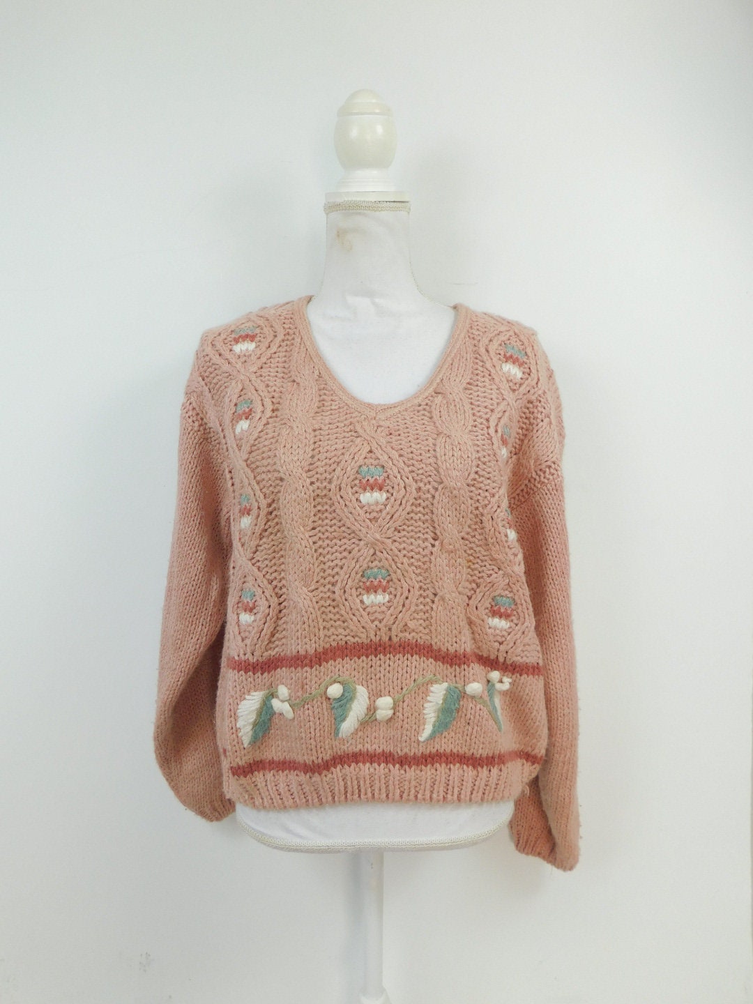 Vintage 80s Hunters Run Pom Pom Mauve Pink Leaf Print Cable Hand ...