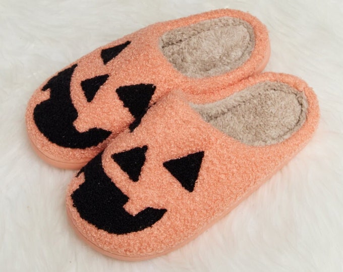 Halloween Fuzzy House Slippers Orange Pumpkin Jack O Lantern House ...