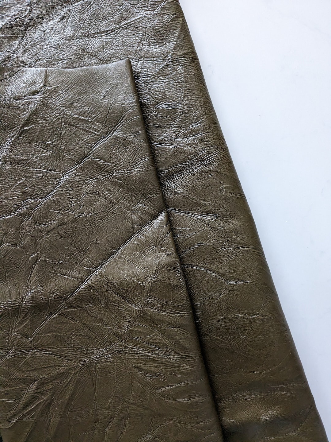 Real Leather Fabric, Genuine Leather Sheets, Dark Crinkly Army Green ...