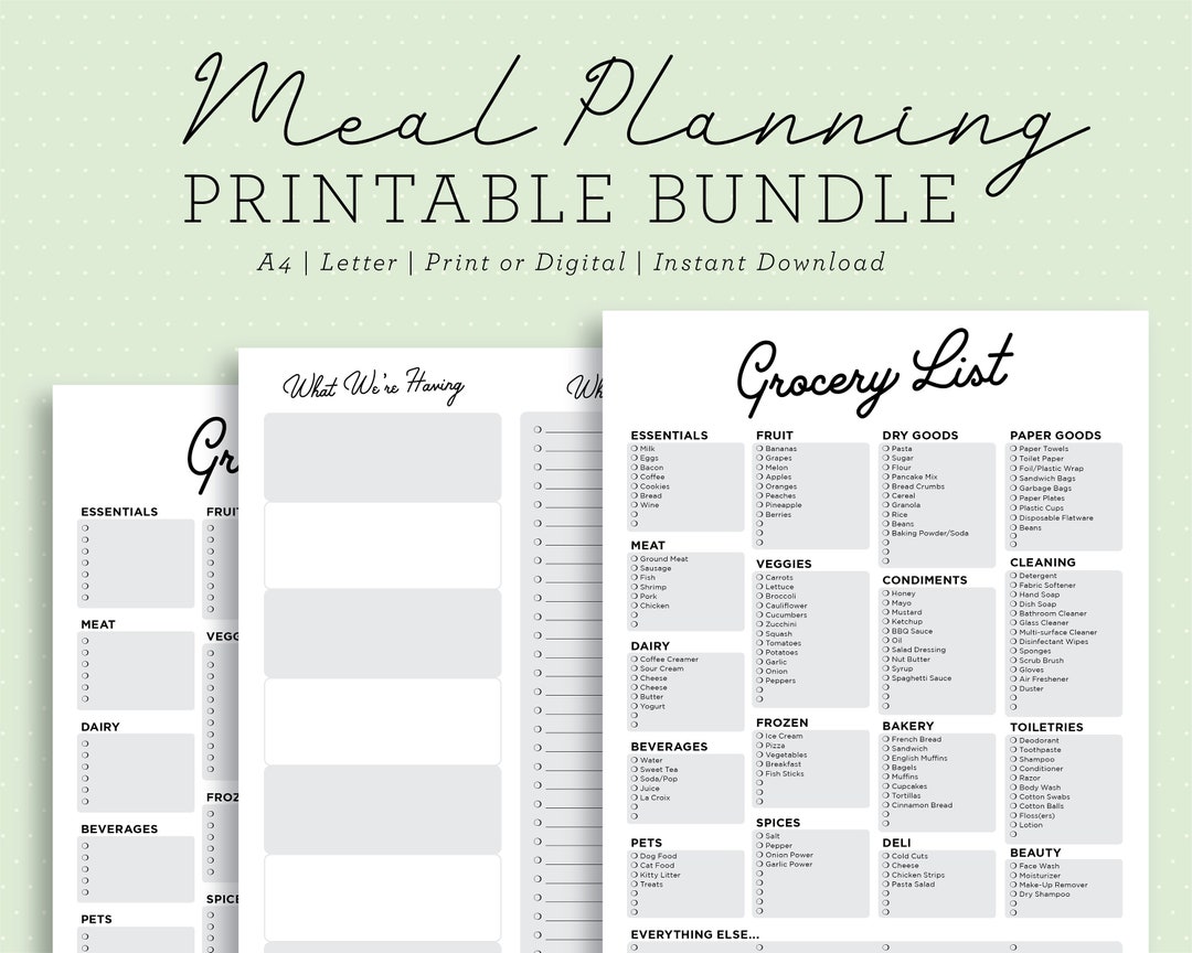Meal Planning Printable Bundle | Grocery List Insert | Discbound ...