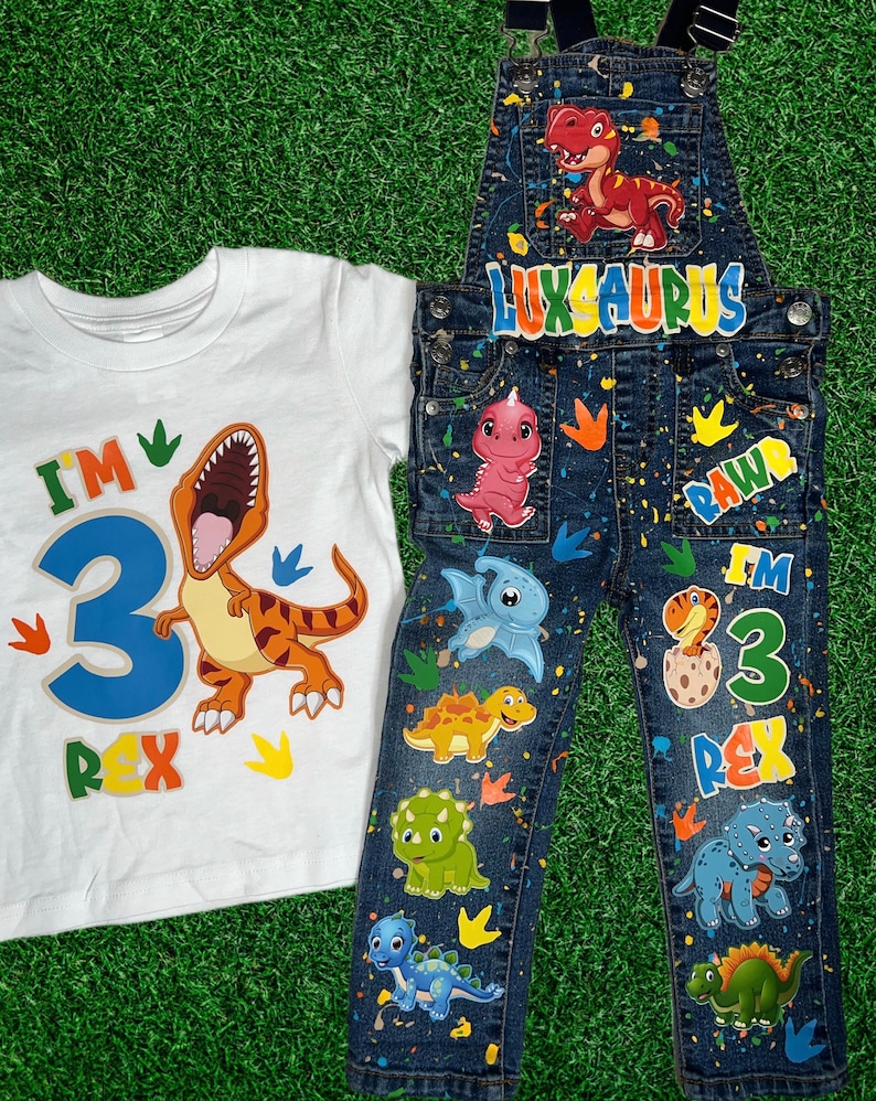 Kids Custom Characters Denim Jean Birthday Outfit Baby Dinosaur 3 Rex ...