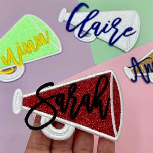 Custom Cheer Megaphone Glitter Patch - Team Spirit Sparkly Patch - Iron on Name Patch - Varsity ...