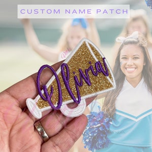 Custom Cheer Megaphone Glitter Patch - Team Spirit Sparkly Patch - Iron on Name Patch - Varsity ...