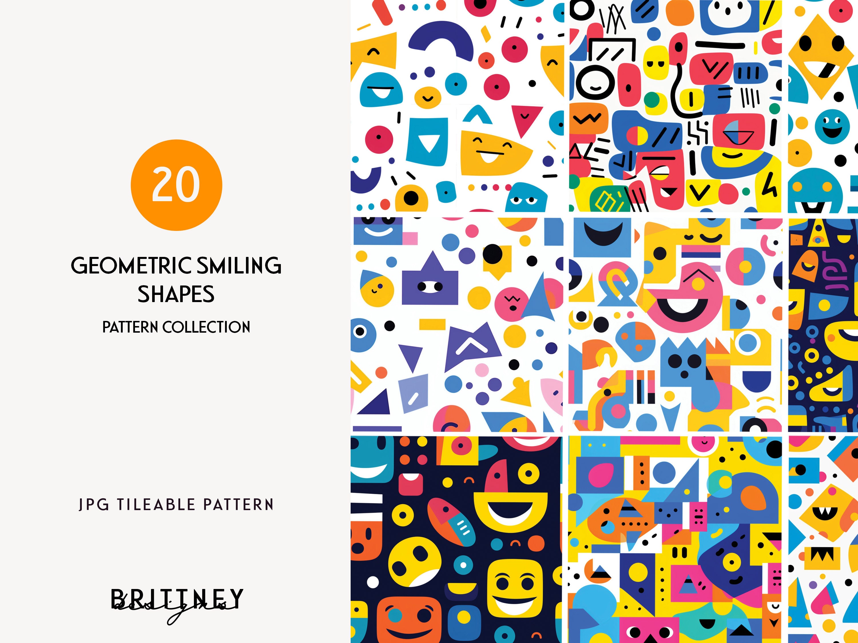 20 Smiling Geometric Shapes Seamless Pattern | High Quality Pattern ...