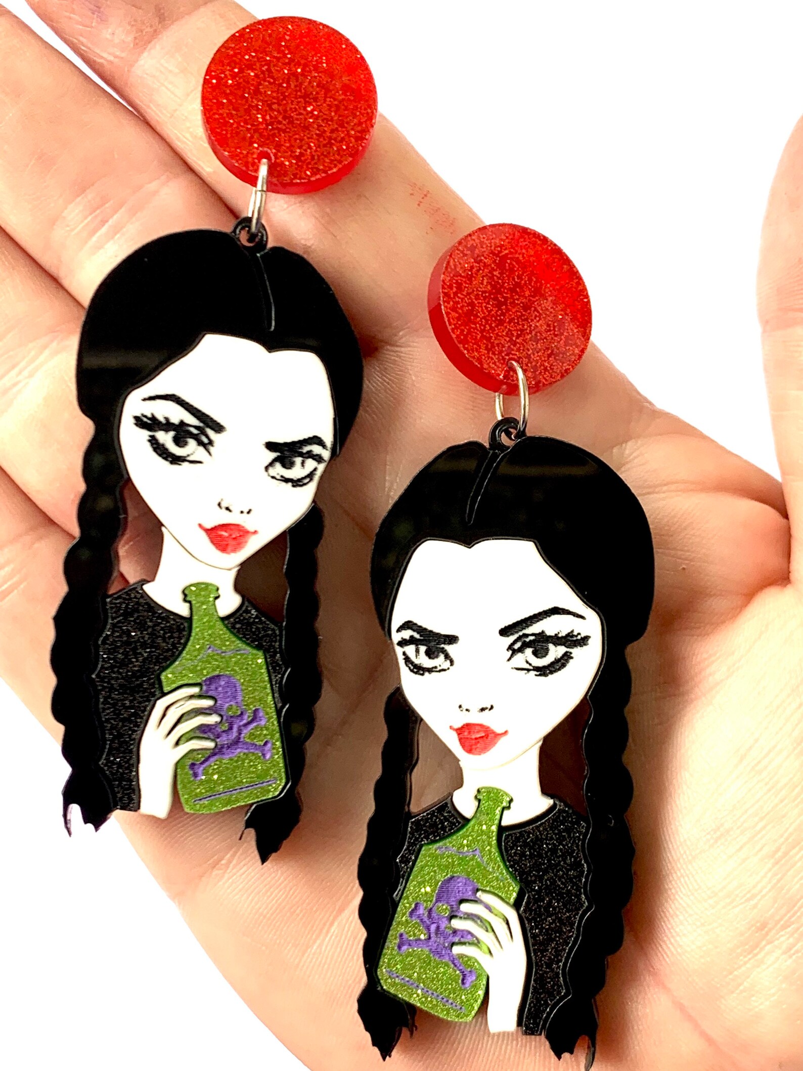 Gothic Wednesday Poison Bottle Skull Acrylic Glitter Stud Earrings - Etsy