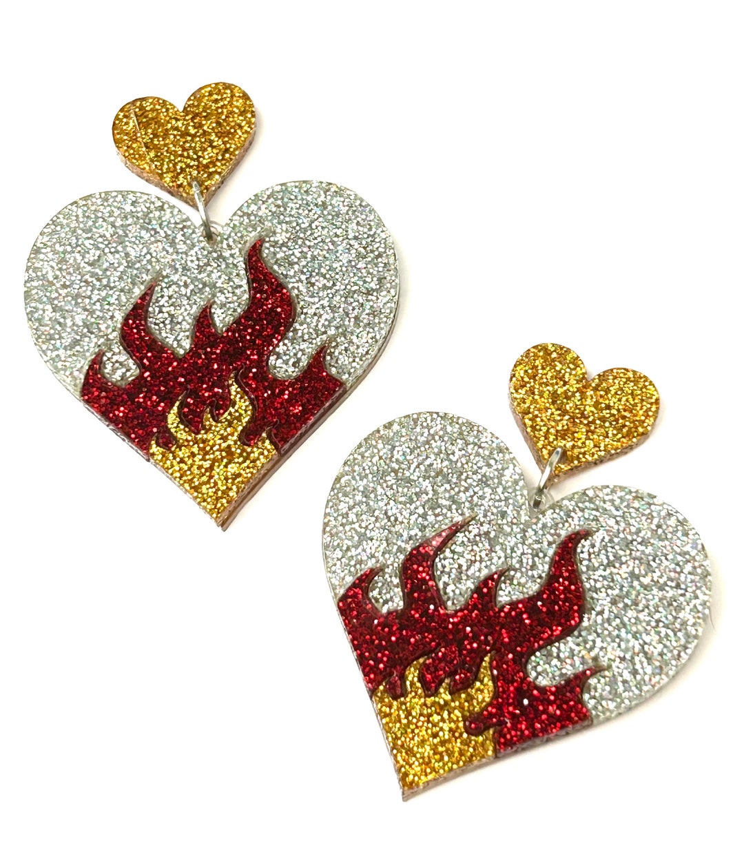 Punk Gothic Holographic Burning Fire Flame Heart Glitter Acrylic Stud ...
