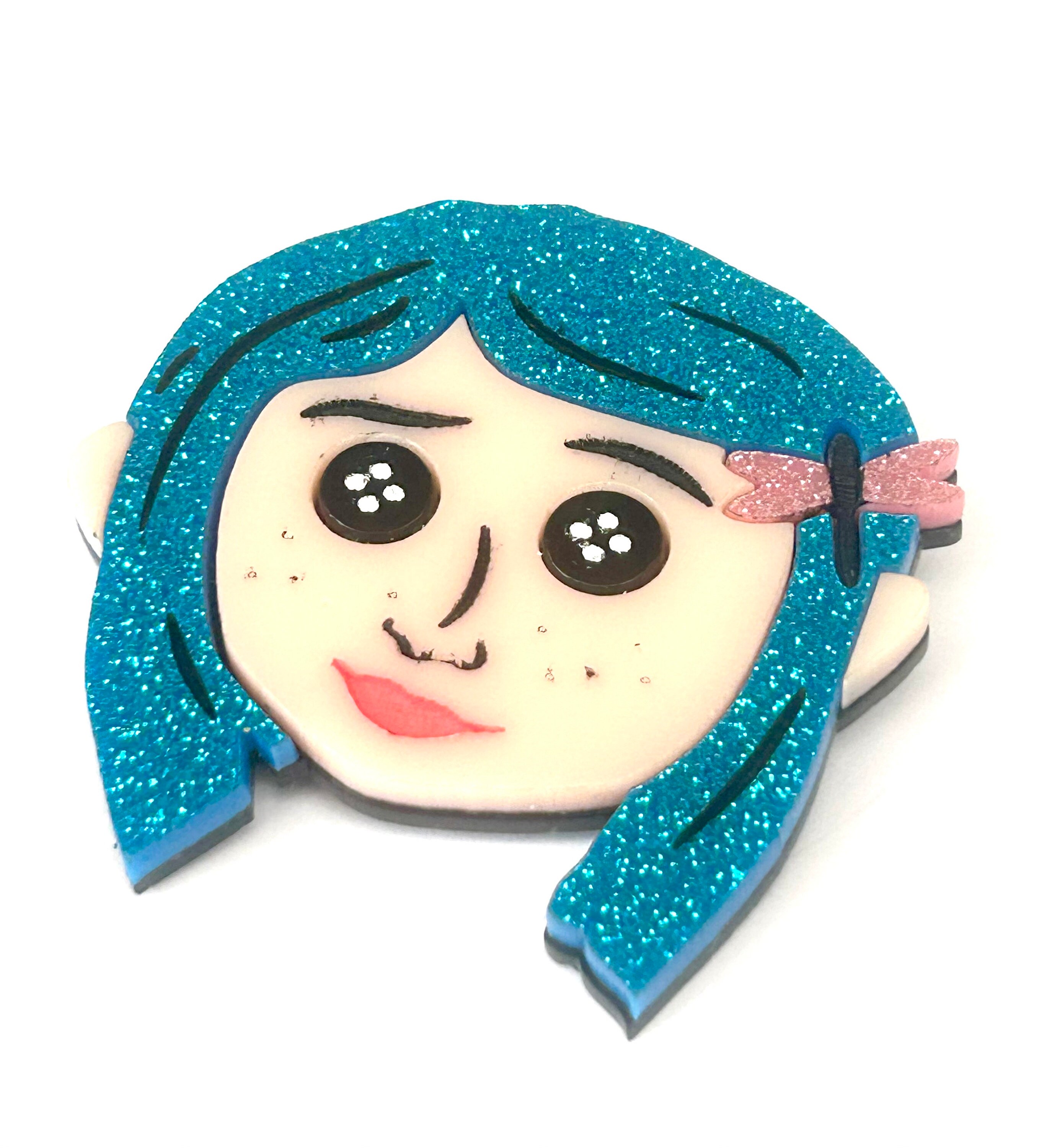 Retro Little Girl Coraline Button Eyes Acrylic Glitter Brooch Pin - Etsy