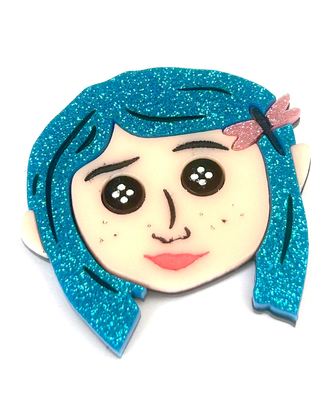 Retro Little Girl Coraline Button Eyes Acrylic Glitter Brooch Pin ...