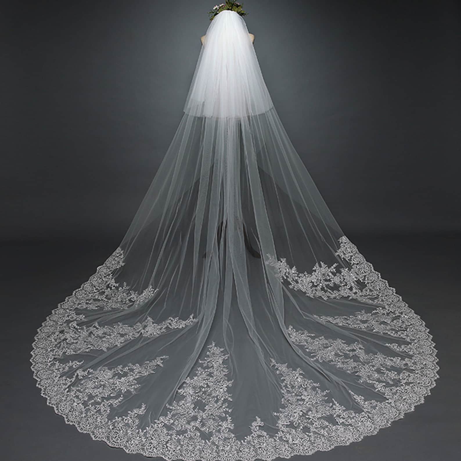 Beautiful Long Veil With Lace Sequins Edgemantilla Veil With | Etsy